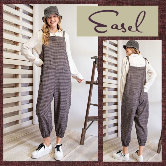 easel | Pants & Jumpsuits | Easel Black Tan Plaid Loose Fit Self Tie ...
